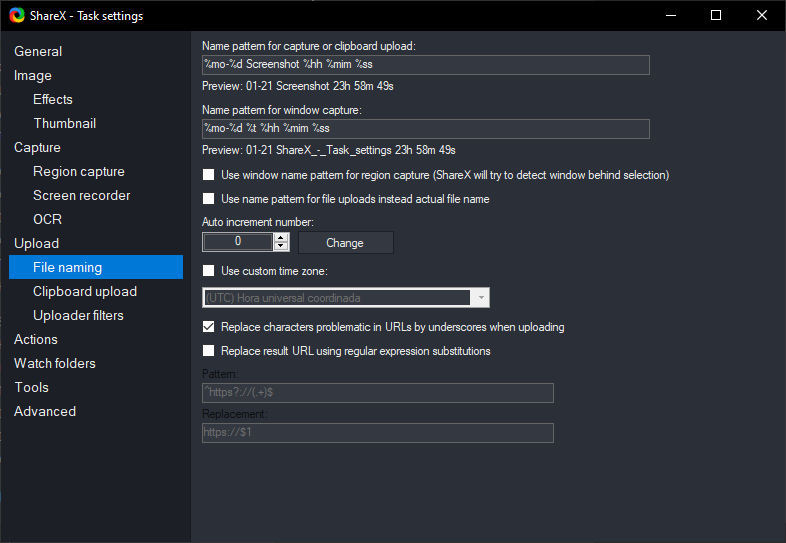 Scrolling capture uses "Name pattern for capture or clipboard upload" which has no option for %t ...