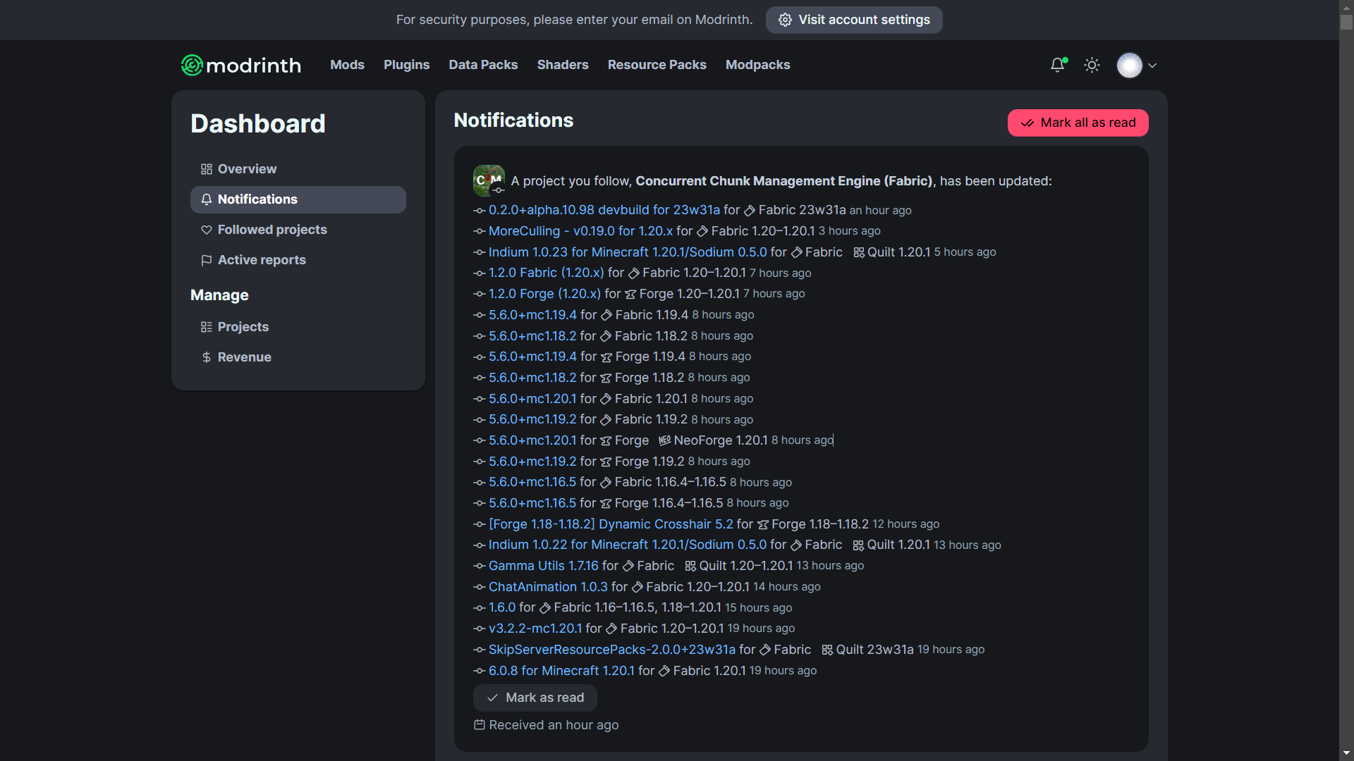 Notifications from different projects are grouped under project that has received notification ...