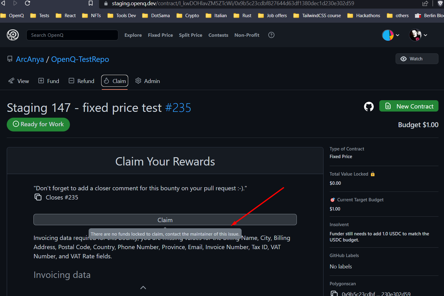 [staging] Wrong Tooltip On Claim · Issue 1083 · Openqdev Openq Frontend · Github