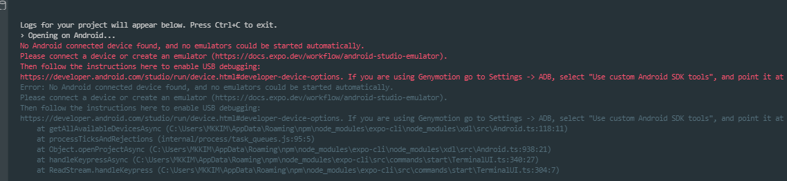 No Android connected device found, and no emulators could be started ...