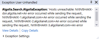 AlgoliaSearchNetworkError without more information is thrown when appId or apiKey is wrong ...