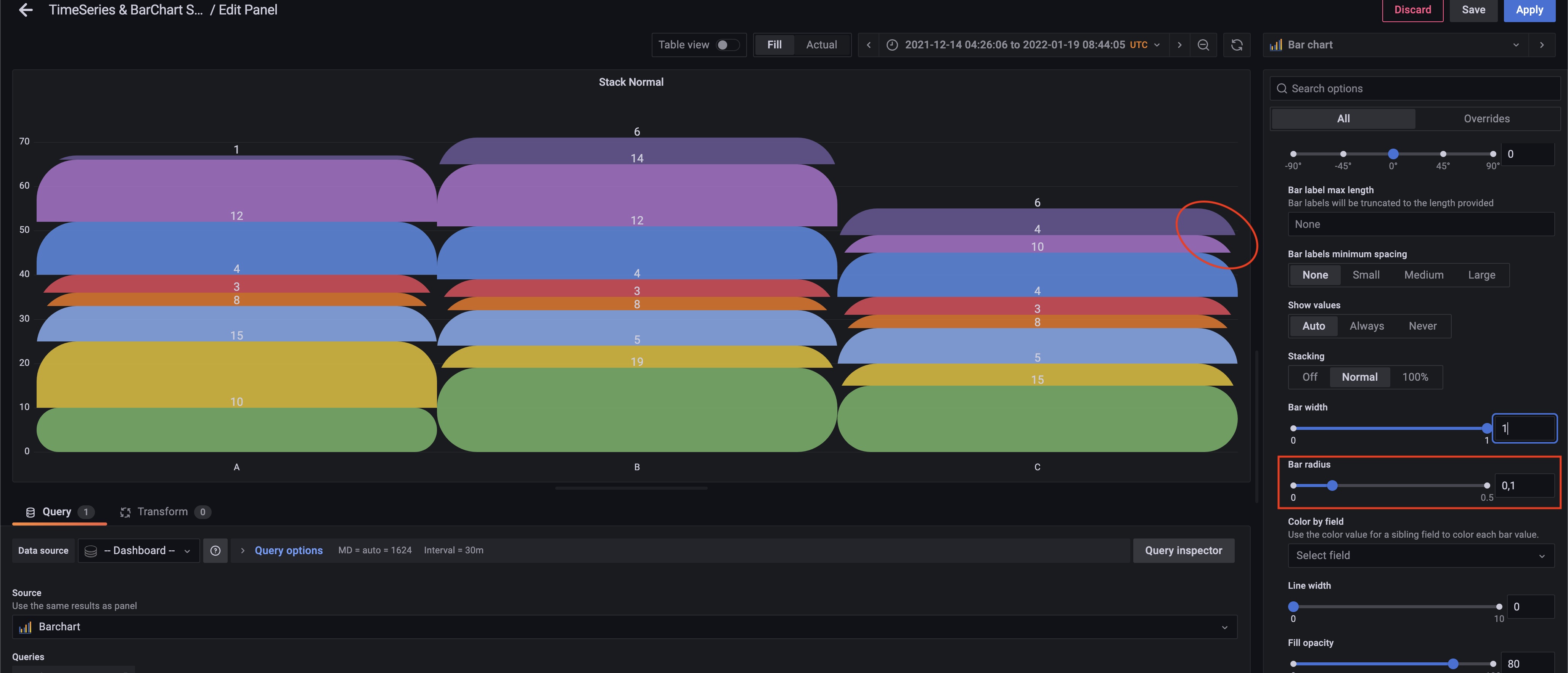 [Bar Chart] Bug when using Bar Radius with staking for multiple series. · Issue #61833 · grafana ...