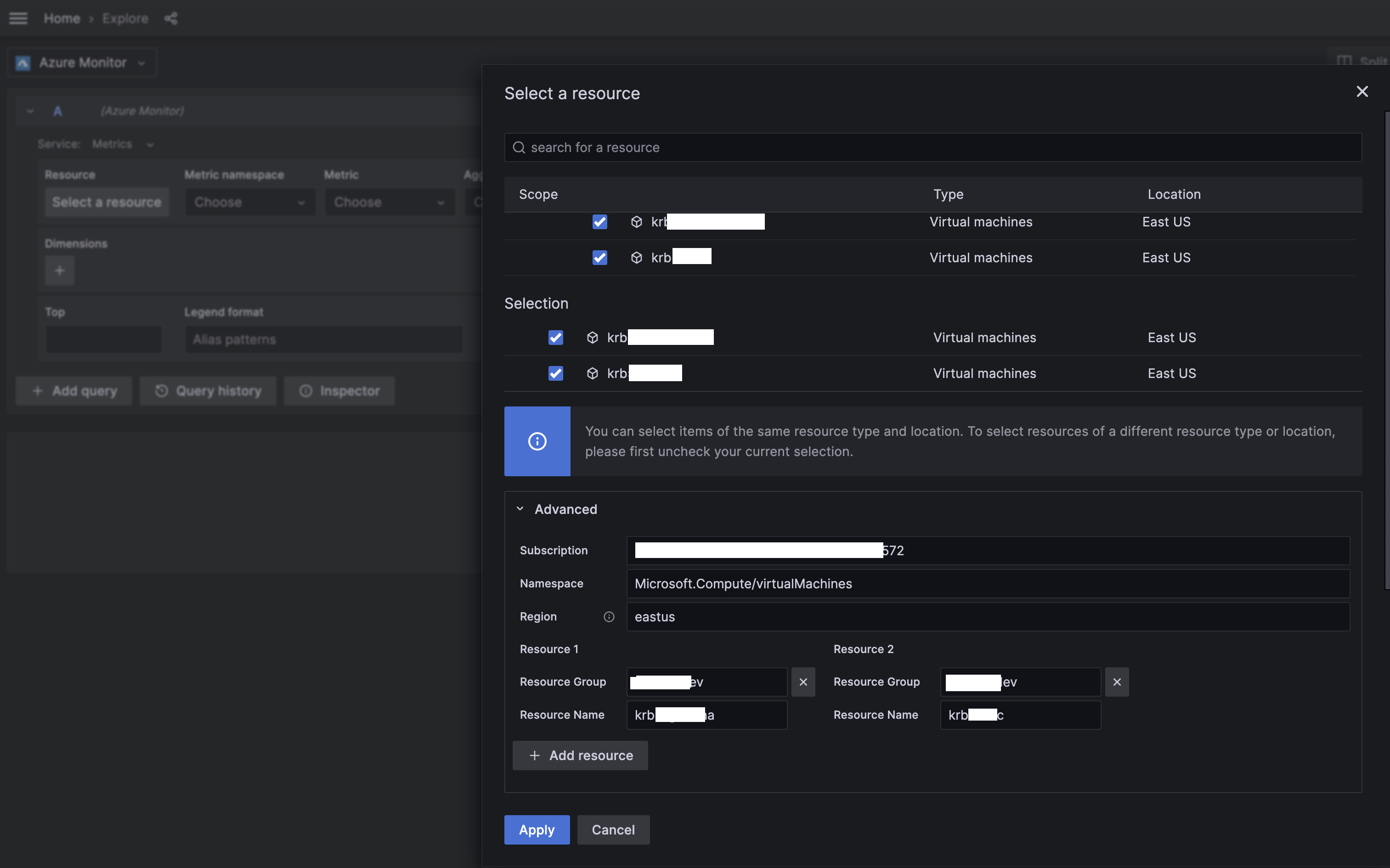 Azure Monitor Datasourcedashboard Multiple Resources Queries Do Not Work For All Metrics