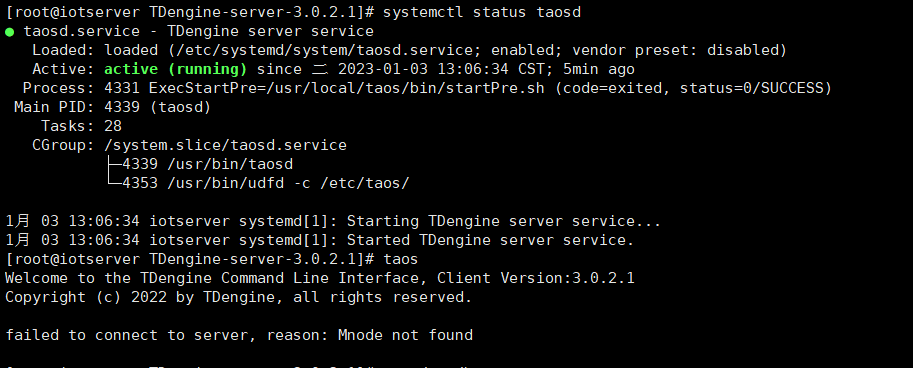压缩包在centos7安装之后taos服务状态为active，但是终端输入taos命令进入客户端报mnode Not Found， · Issue 19323 · Taosdata 5104