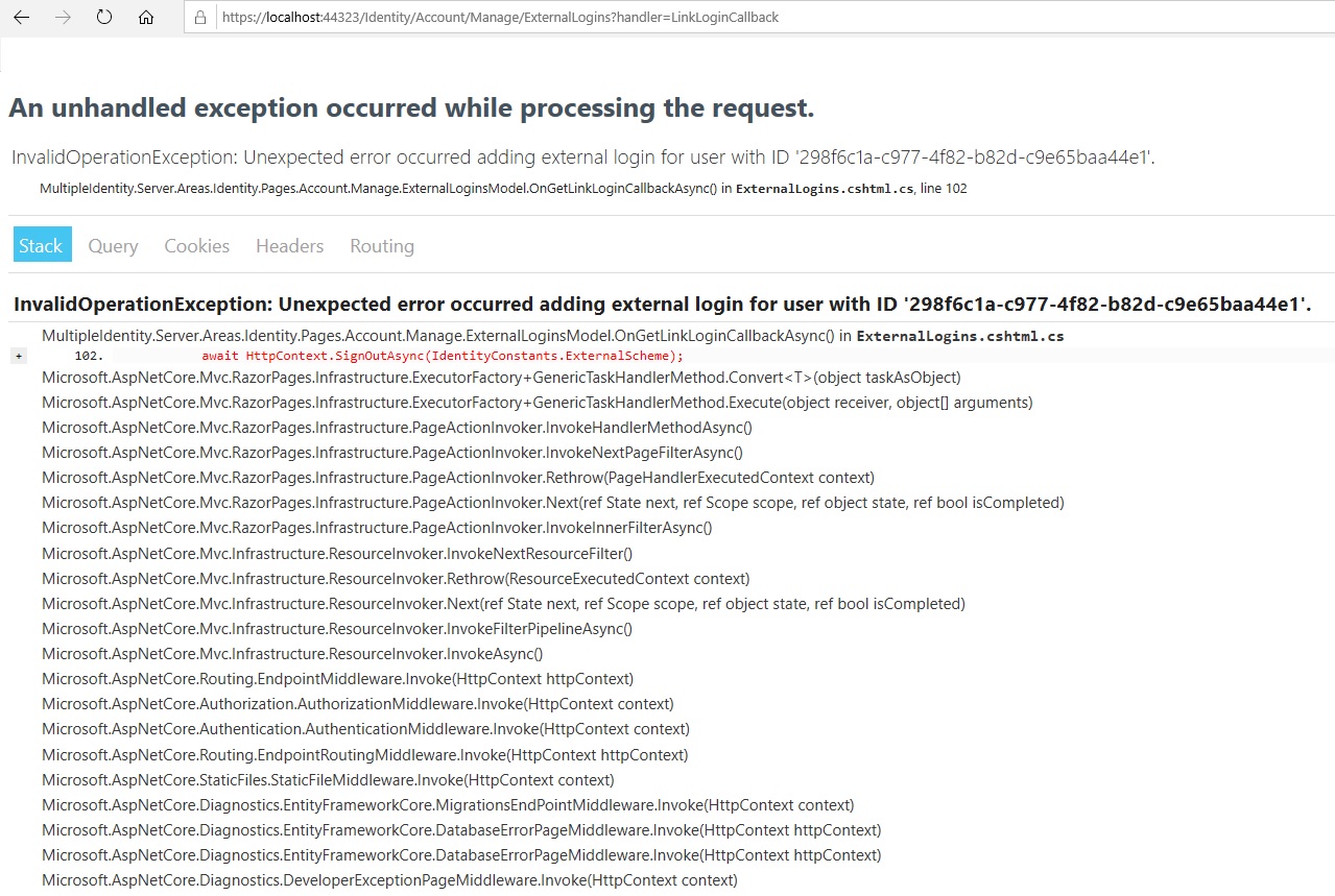 [Identity] Edit User Profile -> Add another service to log in throw InvalidOperationException ...