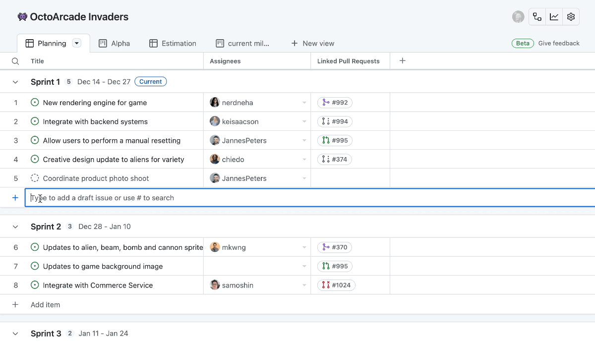 Draft Issue Improvements For Projects Beta · Issue 285 · Github