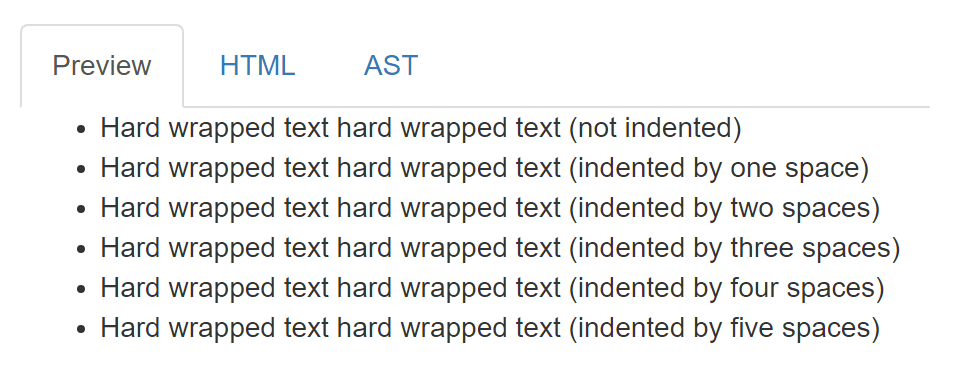 List items hard-wrapped to multiple lines · Issue #265 · commonmark/commonmark.js · GitHub