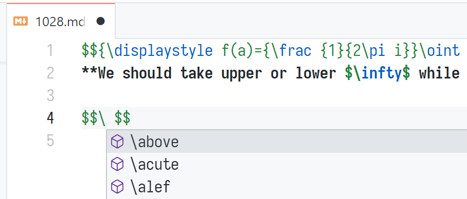 LaTeX not autocompleting in between `$$ $$` · Issue #1028 · yzhang-gh/vscode-markdown · GitHub