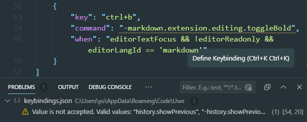 `Value not accepted` when using an ext command in `keybindings.json` · Issue #519 · yzhang-gh ...