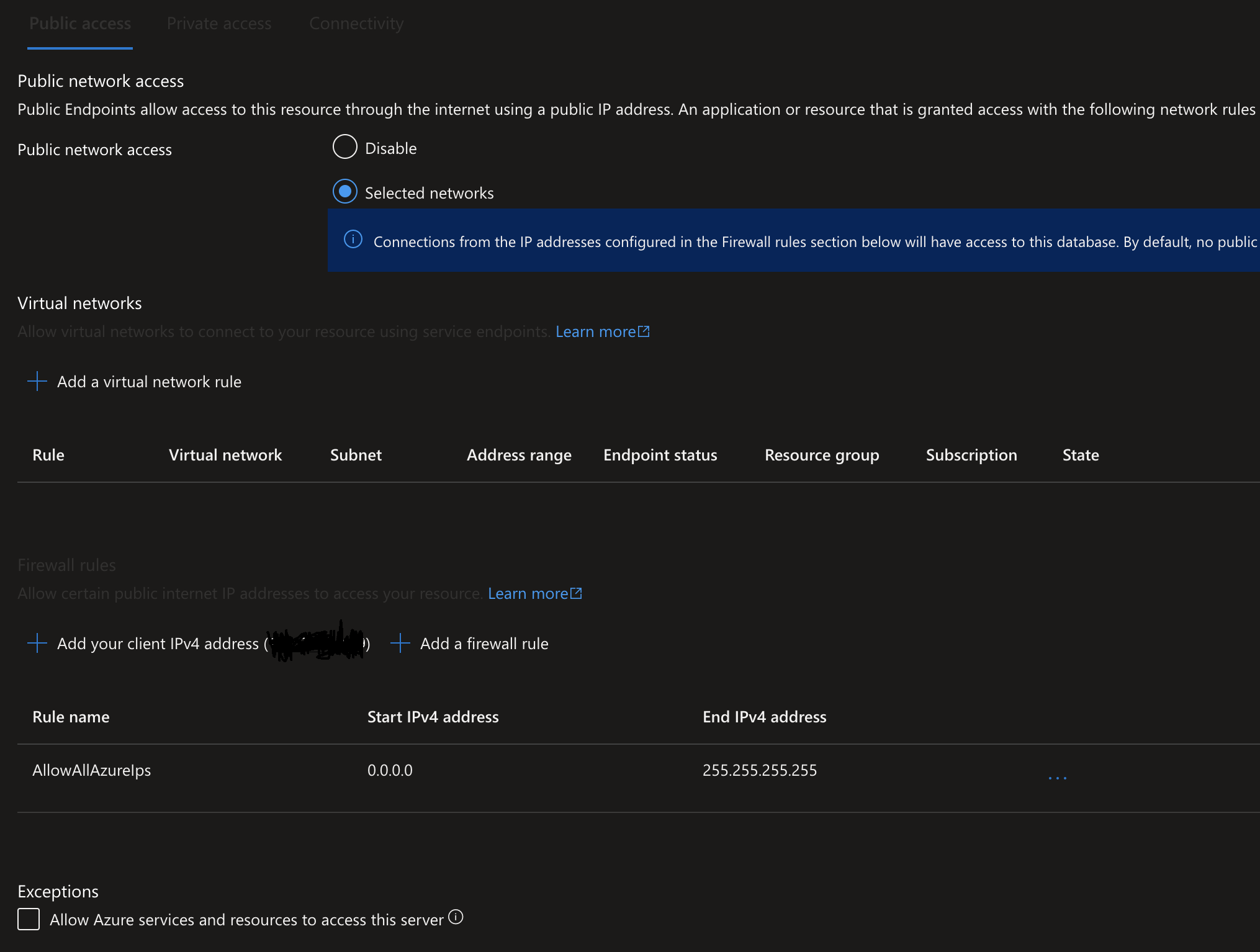 Azure SQL firewall is configured to allow access from ANY IP address ...