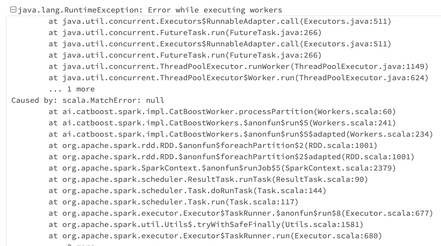 [catboost4j-spark] - "Error while executing workers" while using ...