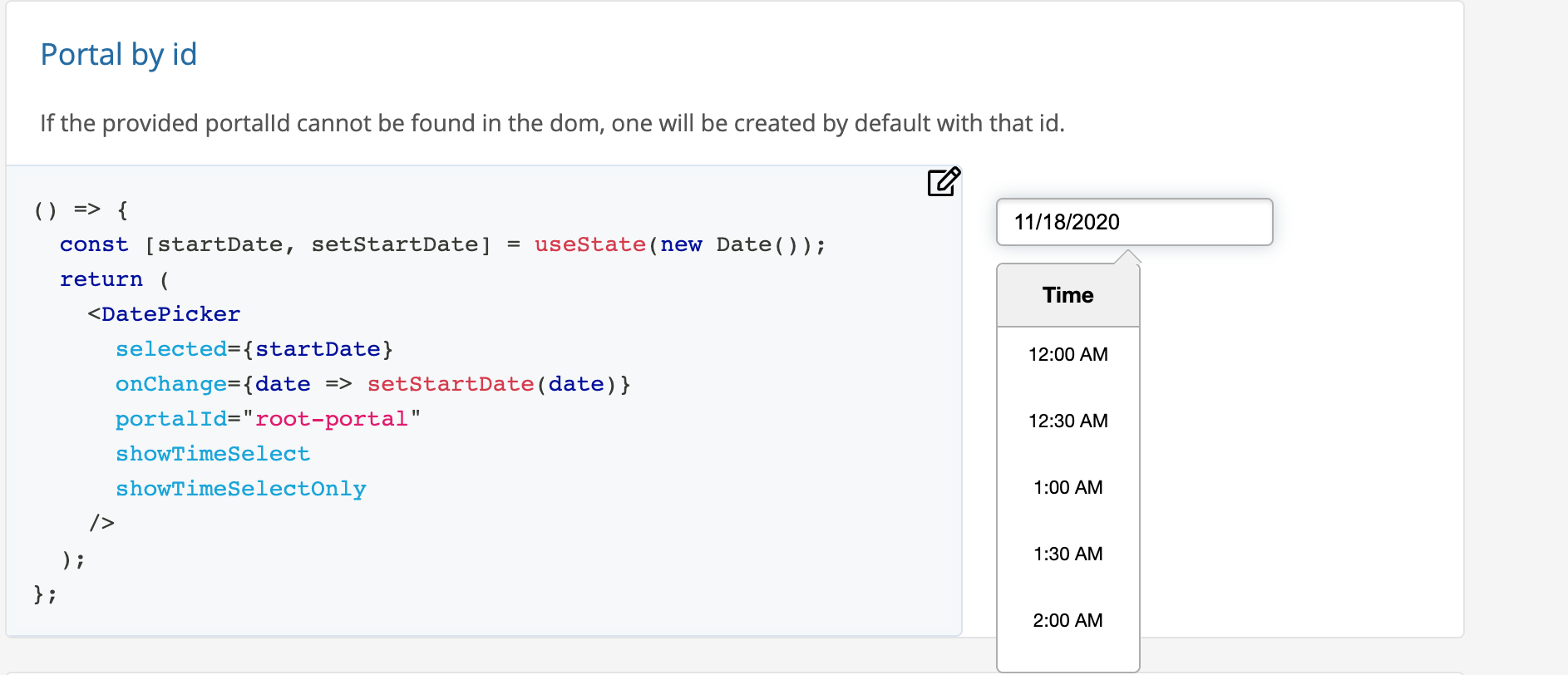 Timepicker activeTime not displayed in list when `portalId` and `showTimeSelectOnly` used at the ...