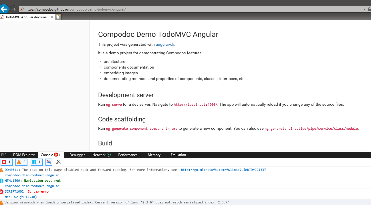 [BUG] Left navigation is missing in Internet Explorer 11 · Issue #988 · compodoc/compodoc · GitHub