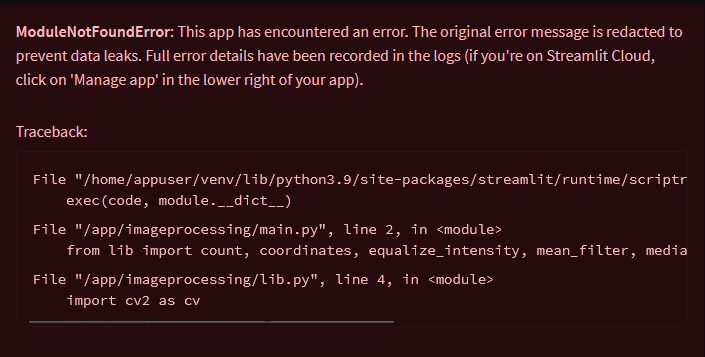 ModuleNotFoundError: This app has encountered an error. The original error message is redacted ...