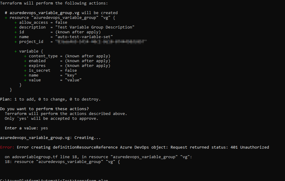 Variable group created. But getting 401 Unauthorized error (PAT permissions :Variable Groups ...