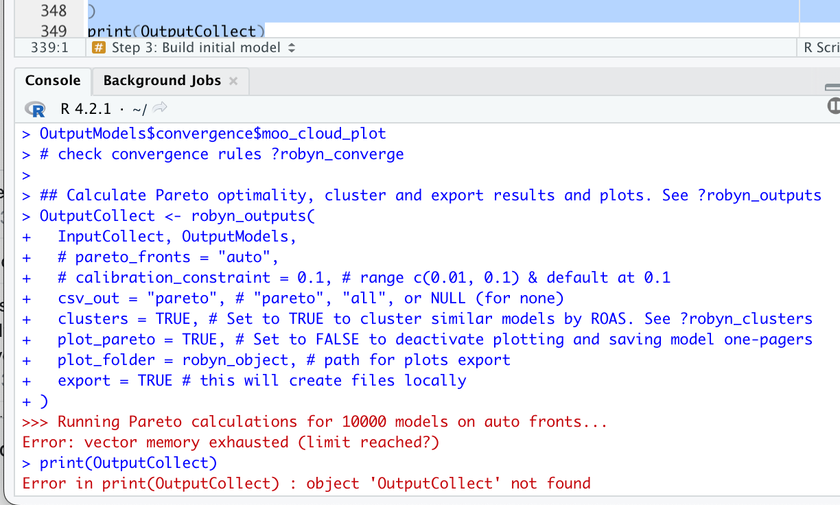 Error: vector memory exhausted (limit reached?) when Running Pareto calculations for 10000 ...