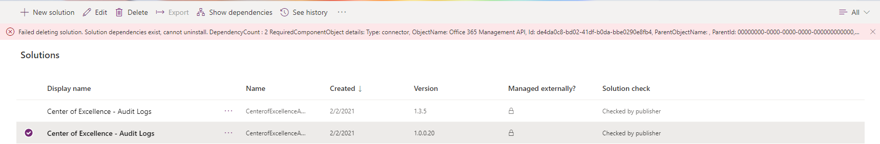 Audit Log Solution does not delete · Issue #749 · microsoft/powerapps-tools · GitHub