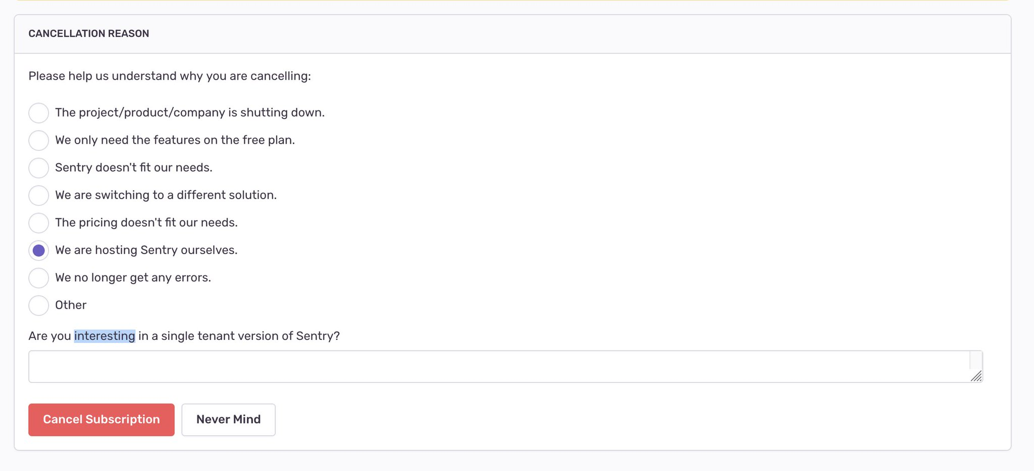 [Cancellation Reasons] Typo in "interesting" · Issue #46247 · getsentry/sentry · GitHub