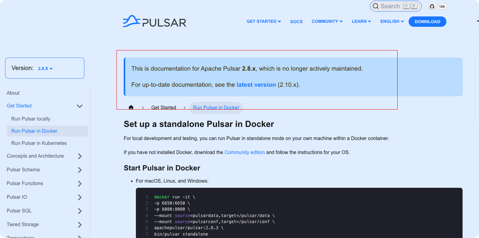 [Doc] Add prompt to users who are reading old version doc · Issue #17501 · apache/pulsar · GitHub