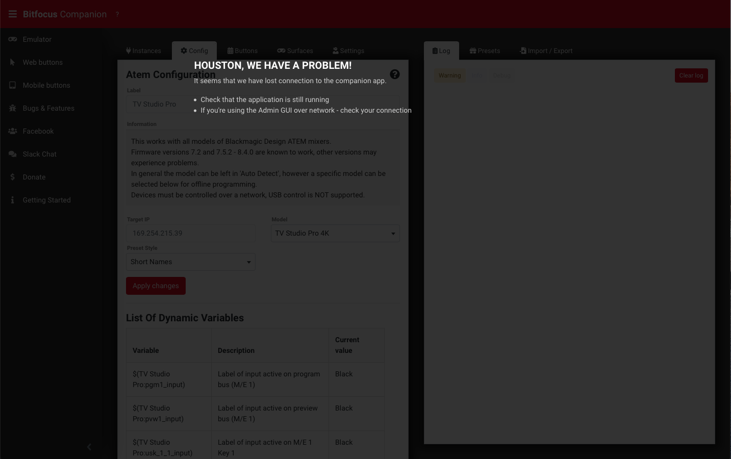 [BUG] Message error while connecting ATEM Television Studio Pro 4K · Issue #102 · bitfocus ...