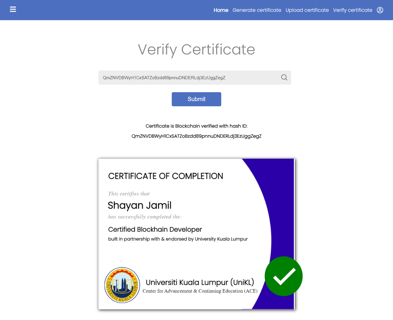 GitHub - ShayanJamil519/certificate-verification-dapp: Link 🔗