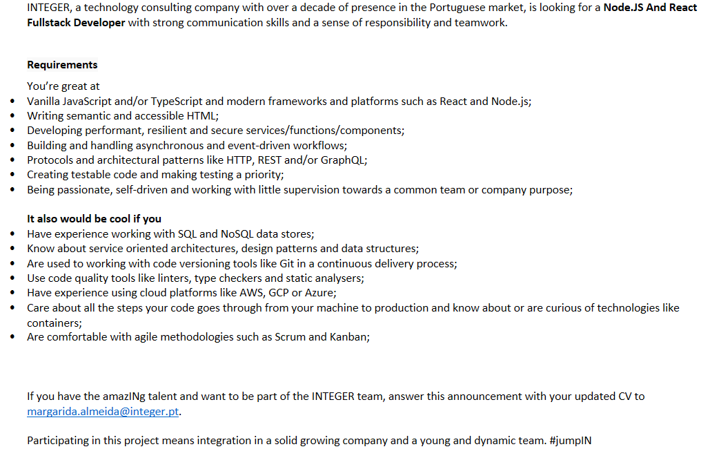 [Porto/Remoto] Node.JS And React Fullstack Developer at Integer Consulting · Issue #1439 · react ...