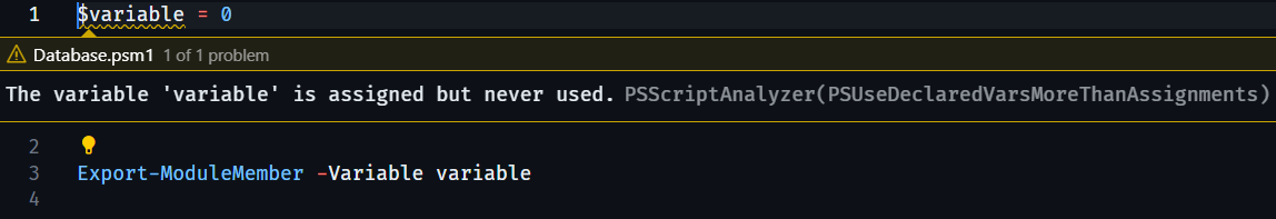 `psscriptanalyzerpsusedeclaredvarsmorethanassignments` On `export Modulemember Variable 