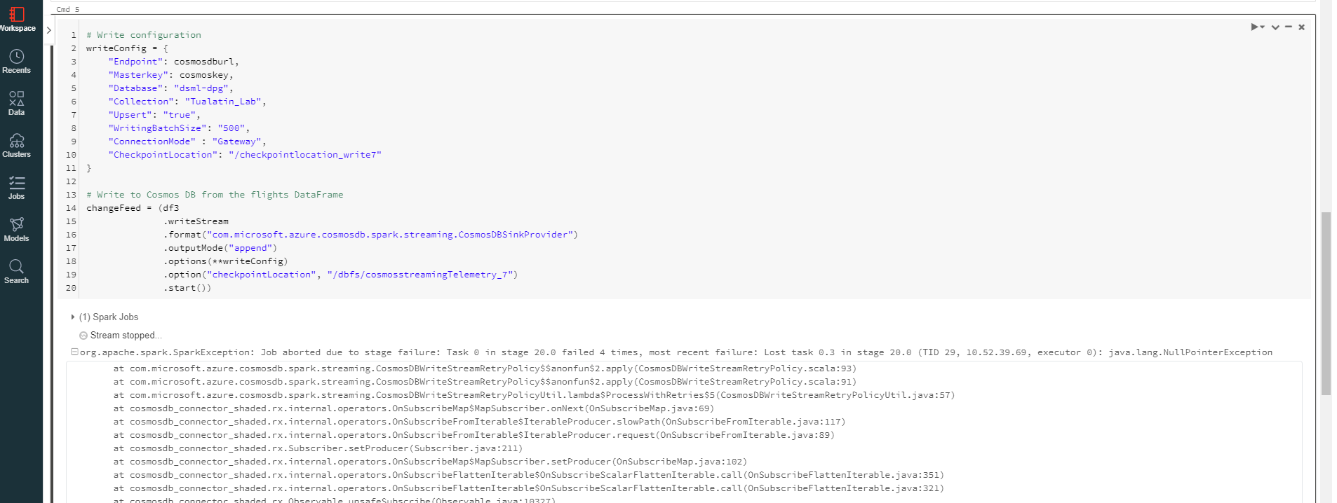 I Am Trying To Insert A Streaming Dataframe Onto Cosmos From Databricks But The Streaming Job Is