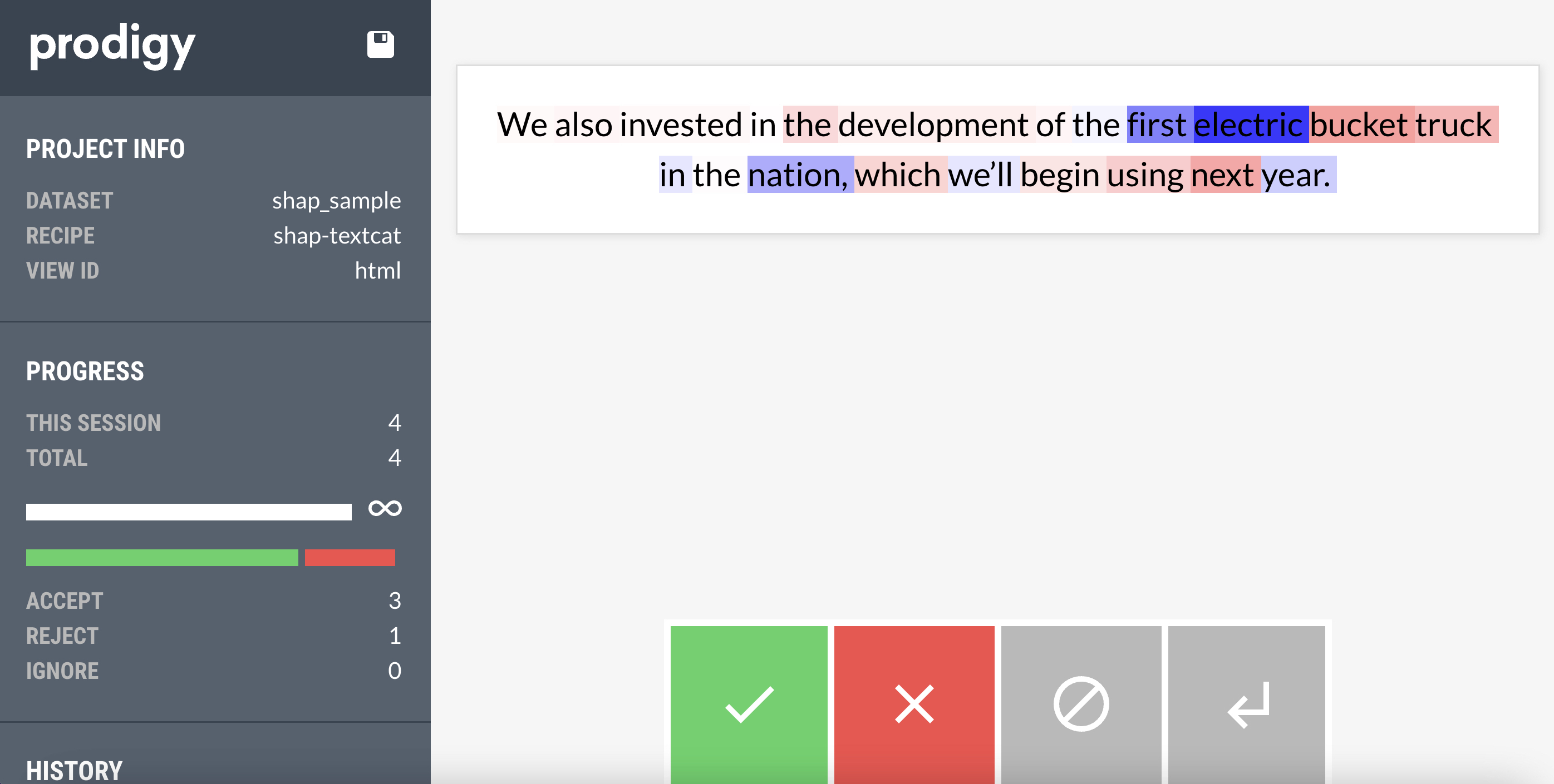 Prodigy recipe for spaCy text categorization with custom HTML SHAP ...