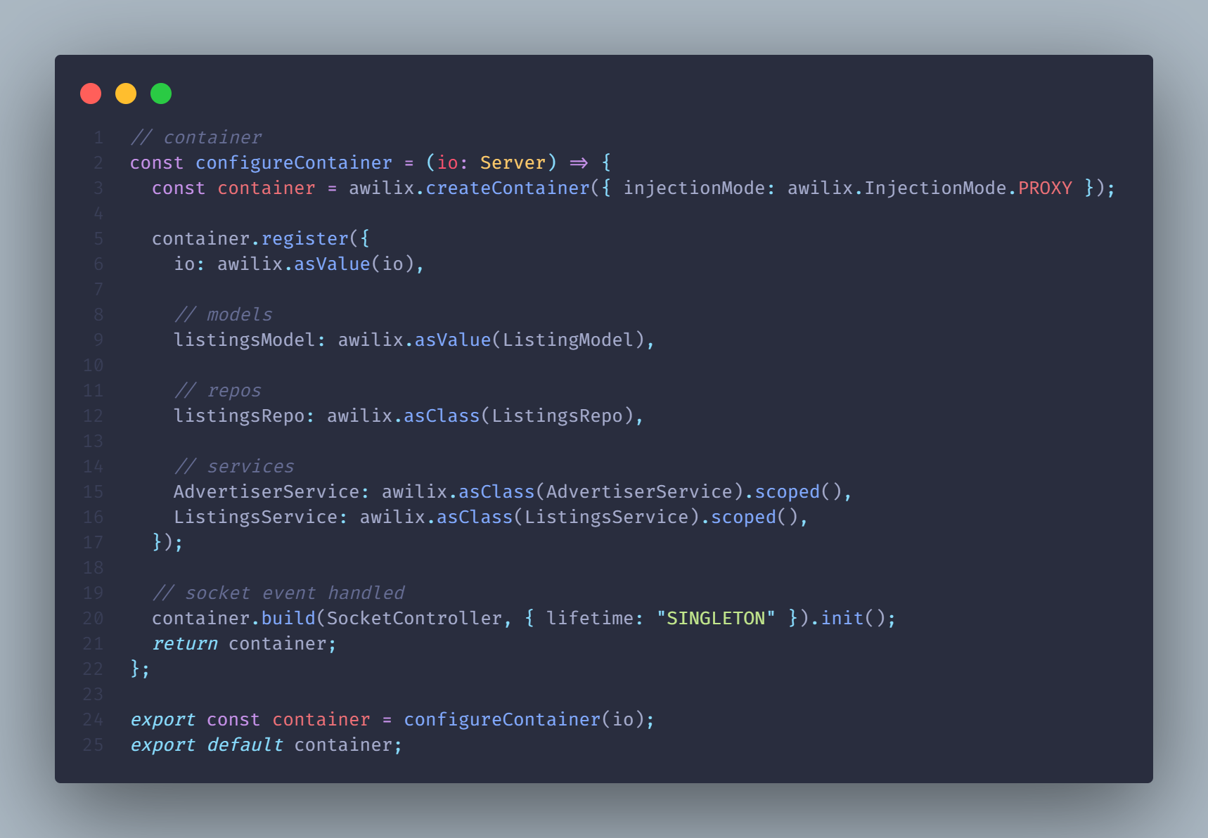 Exporting instance of the container gives undefined · Issue #318 · jeffijoe/awilix · GitHub
