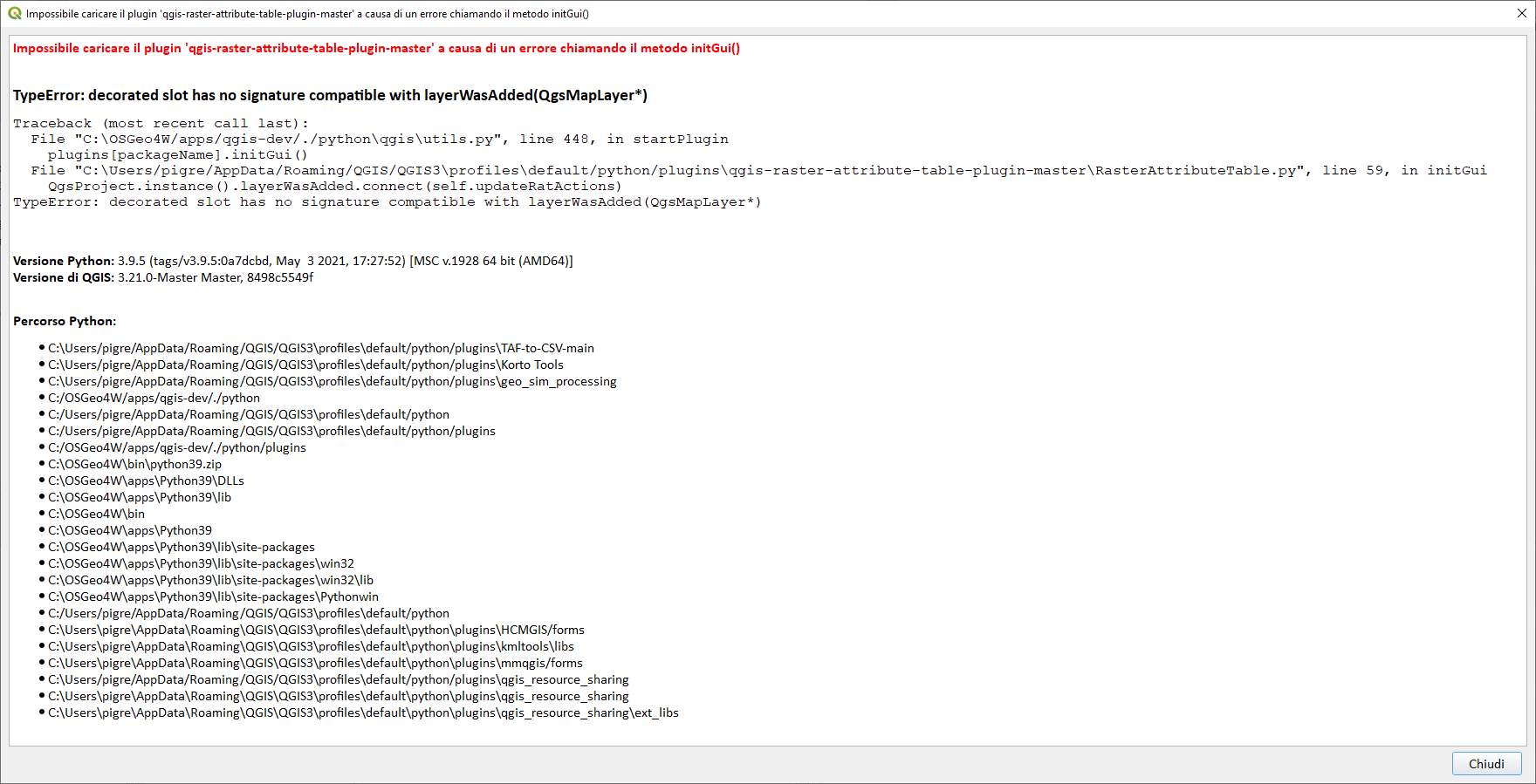 Failed To Load Plugin Qgis Raster Attribute Table Plugin Master Due To An Error Calling The