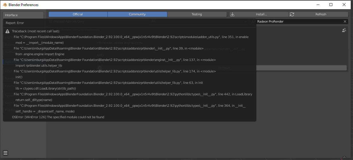 Unable to enable plugin on 2.92 , Getting WinError 126 · Issue #216 · GPUOpen-LibrariesAndSDKs ...