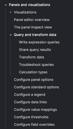 Docs: update information architecture of Panels and visualizations docs · Issue #78294 · grafana ...