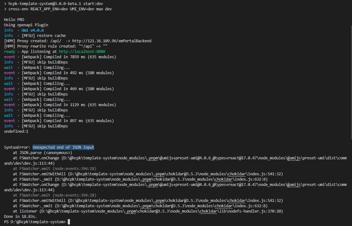 [Bug] 运行dev命令时，连续修改package.json两次会报错 · Issue #8608 · umijs/umi · GitHub