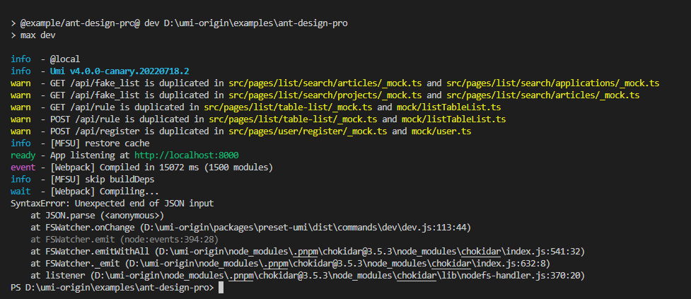 [Bug] 运行dev命令时，连续修改package.json两次会报错 · Issue #8608 · umijs/umi · GitHub