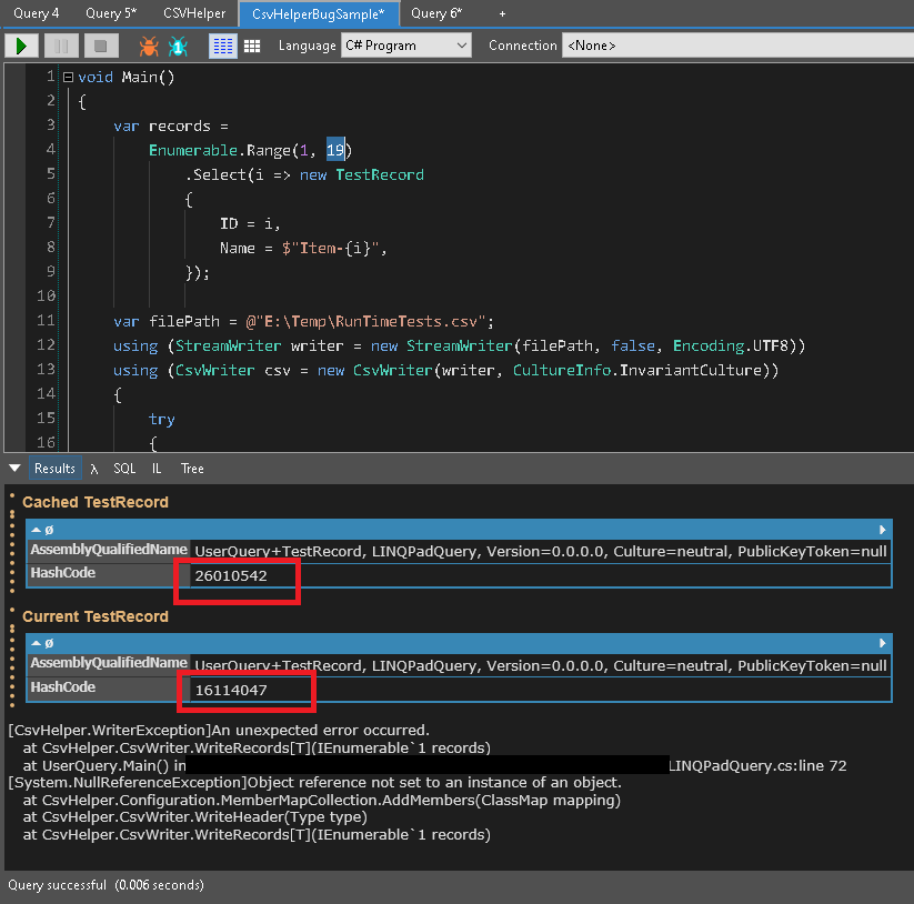 CsvWriter.WriteRecords method thrown NullReferenceException in Linqpad · Issue #1486 · JoshClose ...