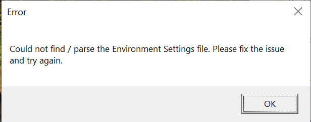 [BUG]"Could not find/parse environment settings file. Please fix the issue and try again ...