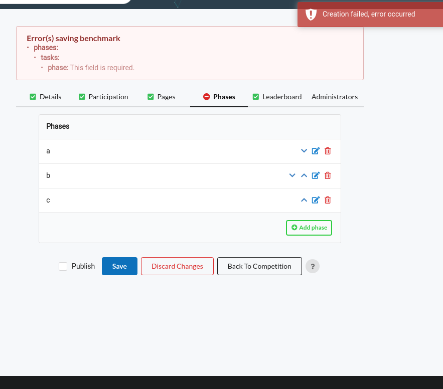 Adding another phase to pre-existing competition fails · Issue #741 · codalab/codabench · GitHub