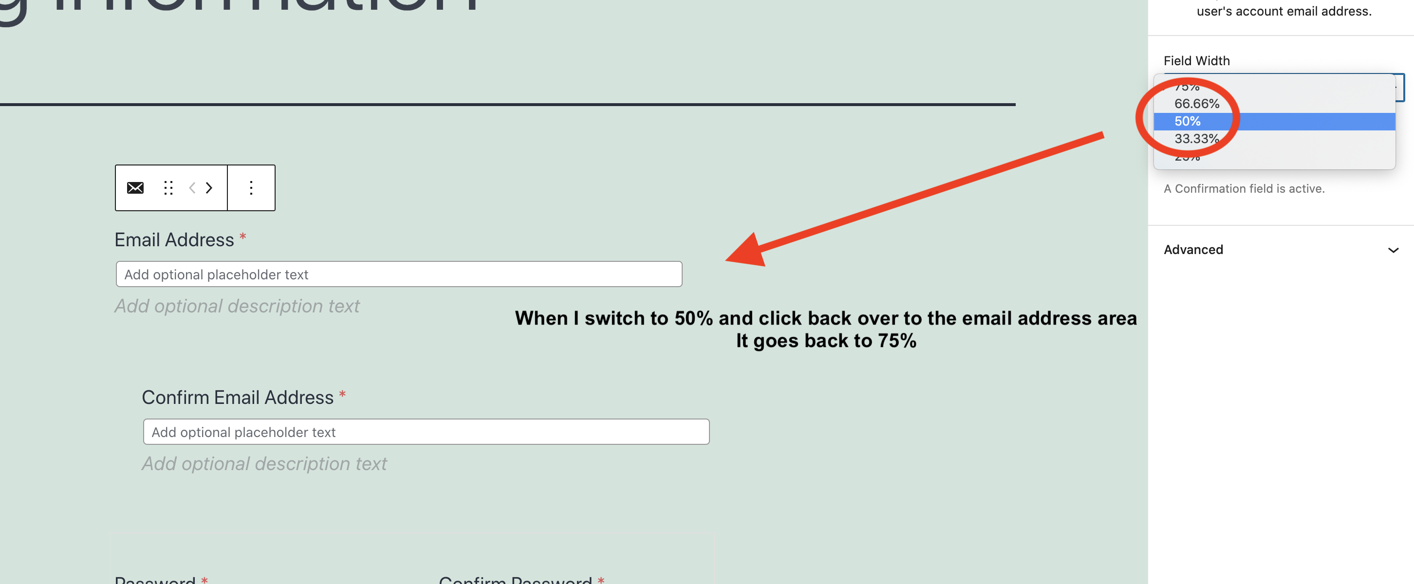 Can't seem to get email & confirmation back to 'column' format after changing to 'stacked ...