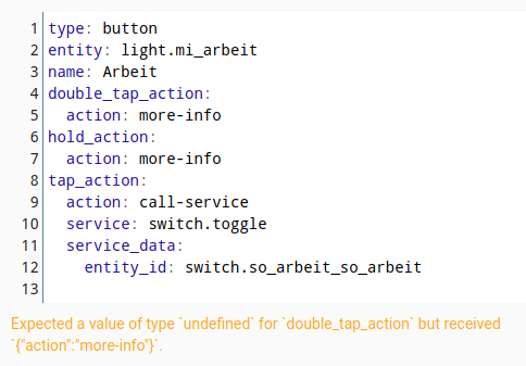 The visual Editor shows a warning for double_tap_action of type button ...