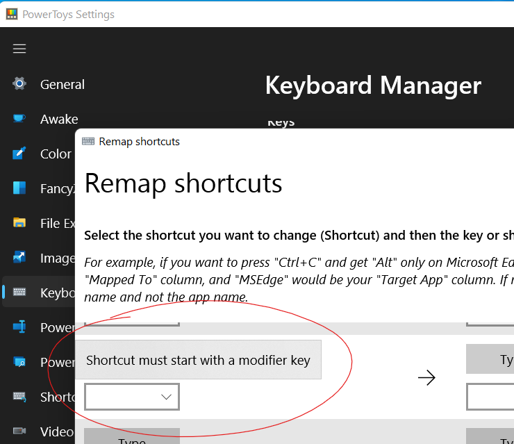 [Keyboard Manager] On `Remap Shortcuts`, configure the first "key" list of options to only ...
