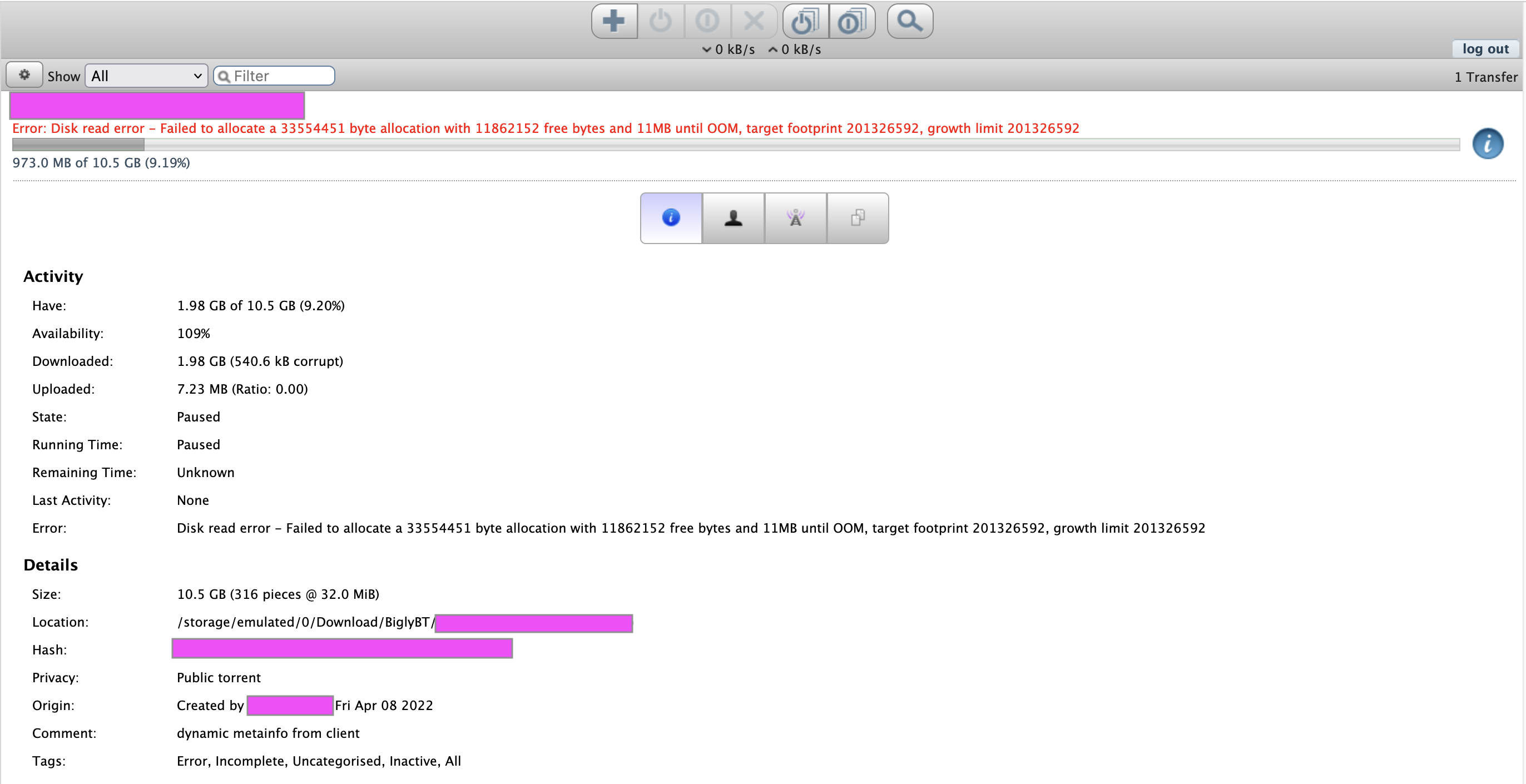 Android Tv Biglybt Error Disk Read Error Failed To Allocate A 33554451 Byte Allocation With