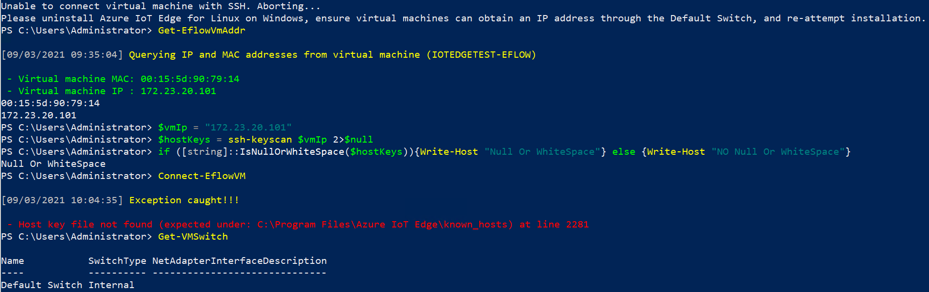 Various switch errors when deploying EFLOW to Server 2019 using WAC v2103.2 or Powershell ...