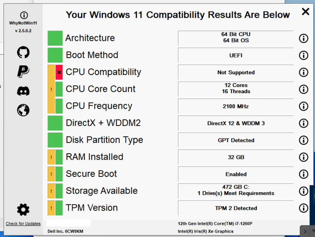 i7 1260p not detected · Issue #694 · rcmaehl/WhyNotWin11 · GitHub