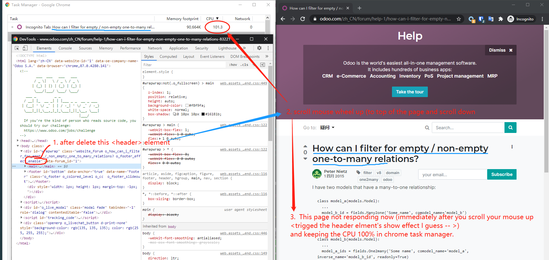 odoo.com/forum page stop responding and cause 100% chrome CPU, after I ...