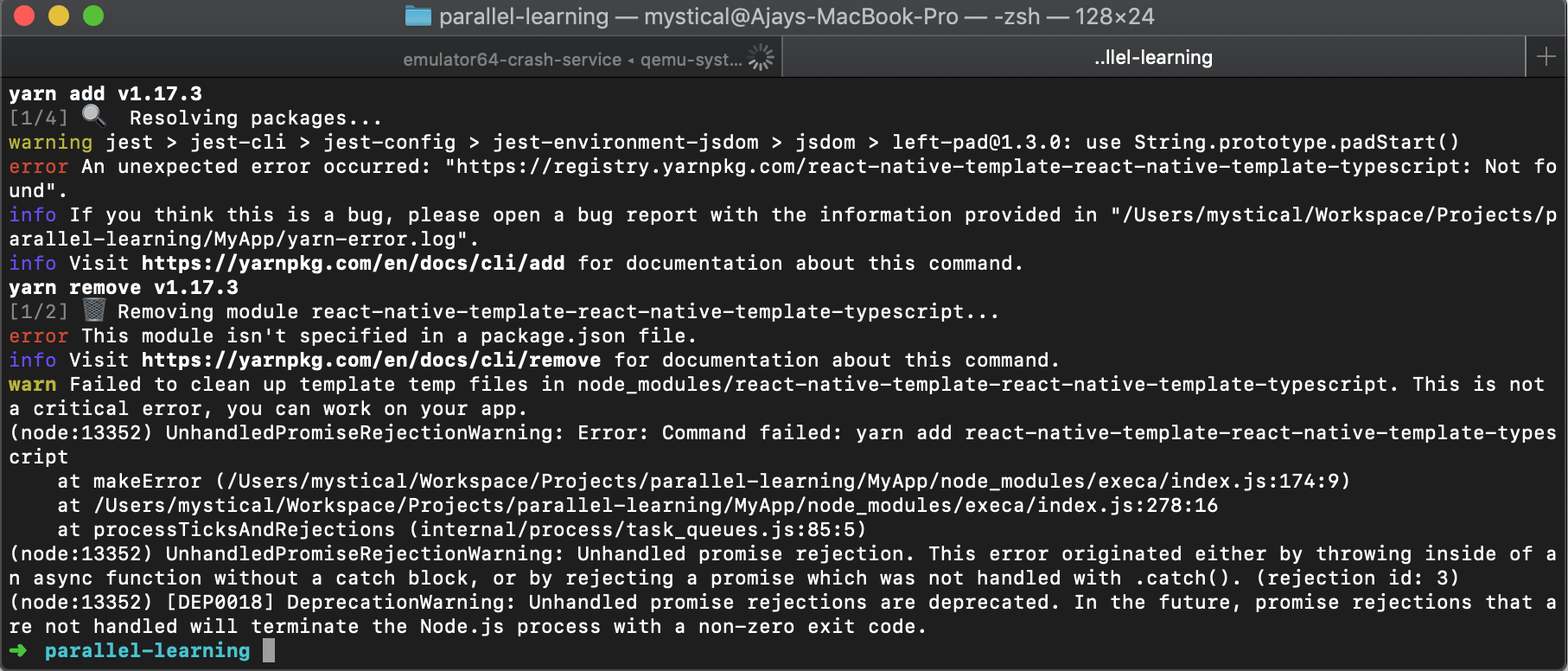 Npx React native Init MyApp template React native template typescript