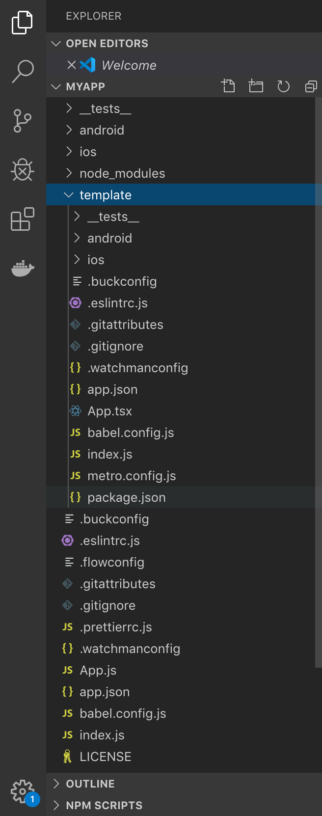 Npx React native Init MyApp template React native template typescript