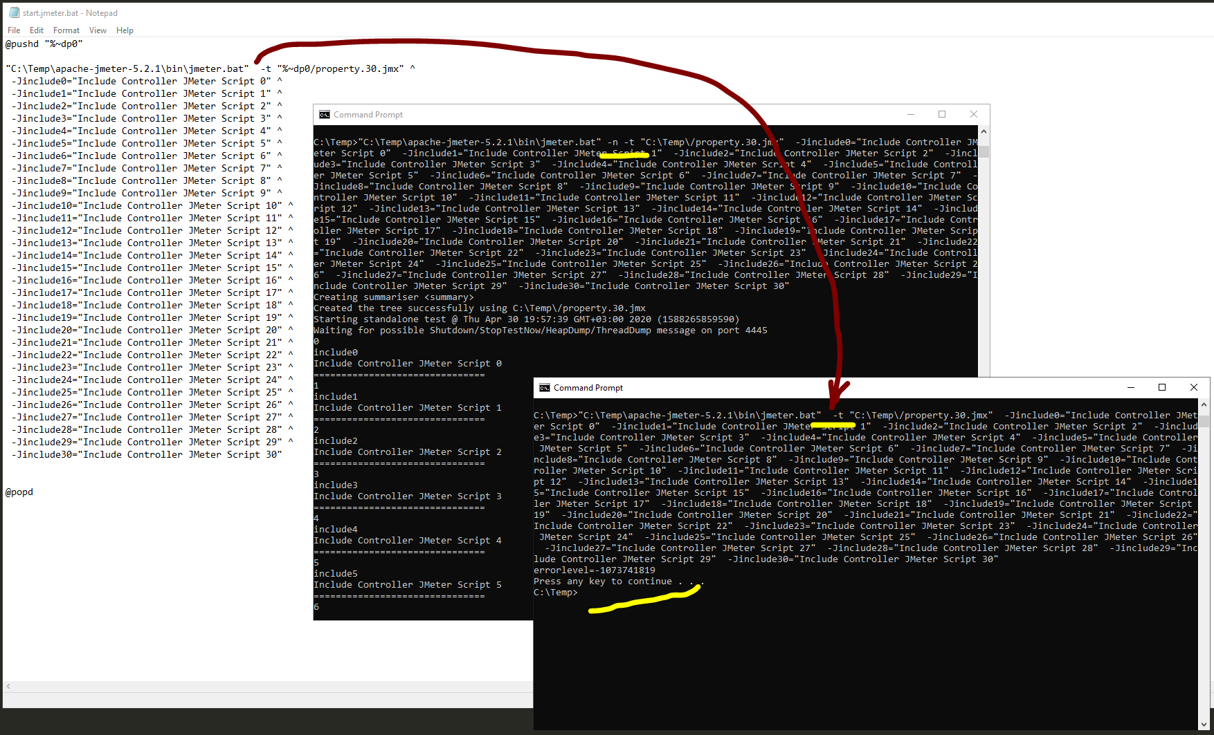 JMeter: errorlevel=-1073741819 when start jmeter gui with too many -J ...