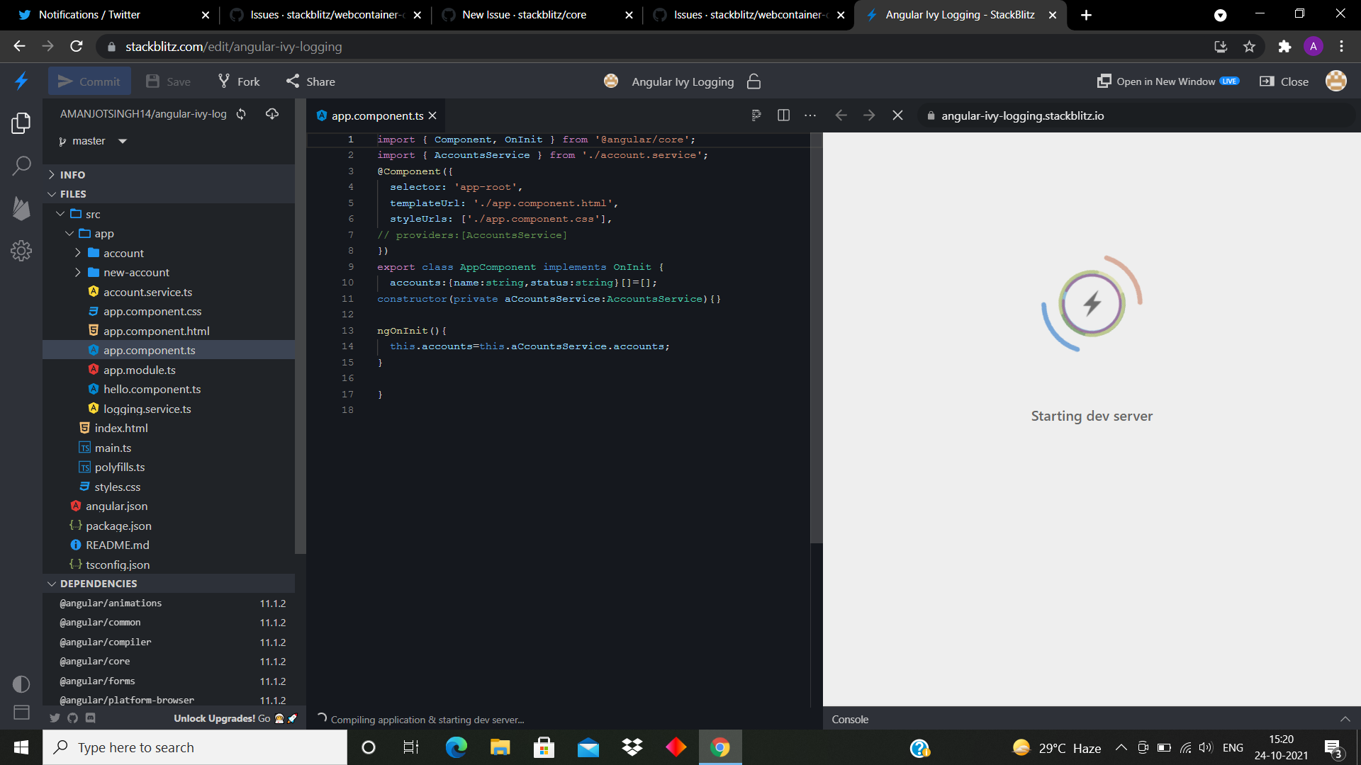stuck in "Starting dev server" · Issue #1647 · stackblitz/core · GitHub