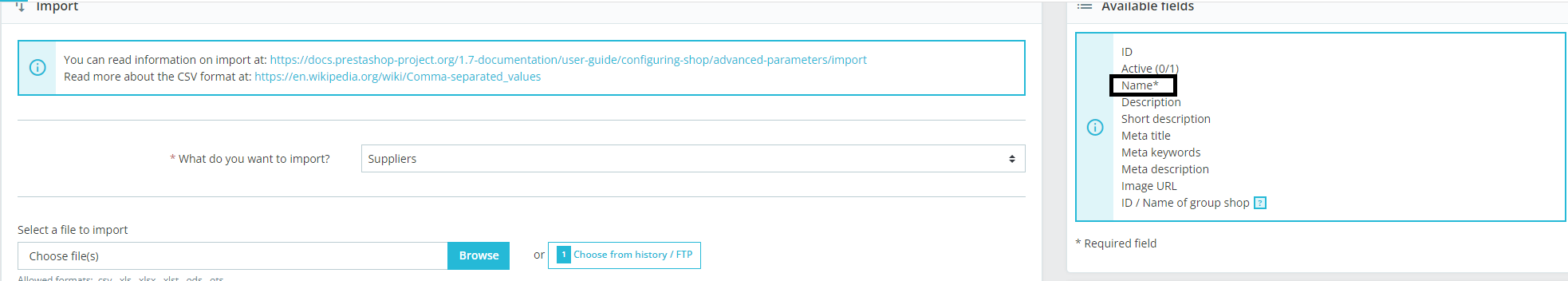 Import - Possibility to import the supplier with its name only while the fields "Address", "City ...